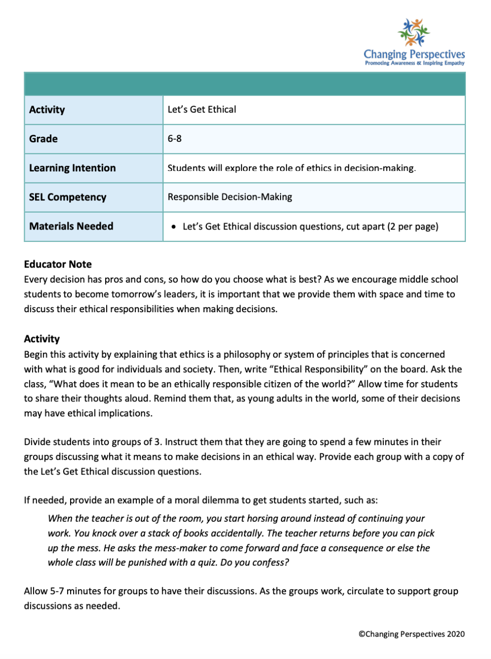 Middle School SEL Curriculum - Changing Perspectives