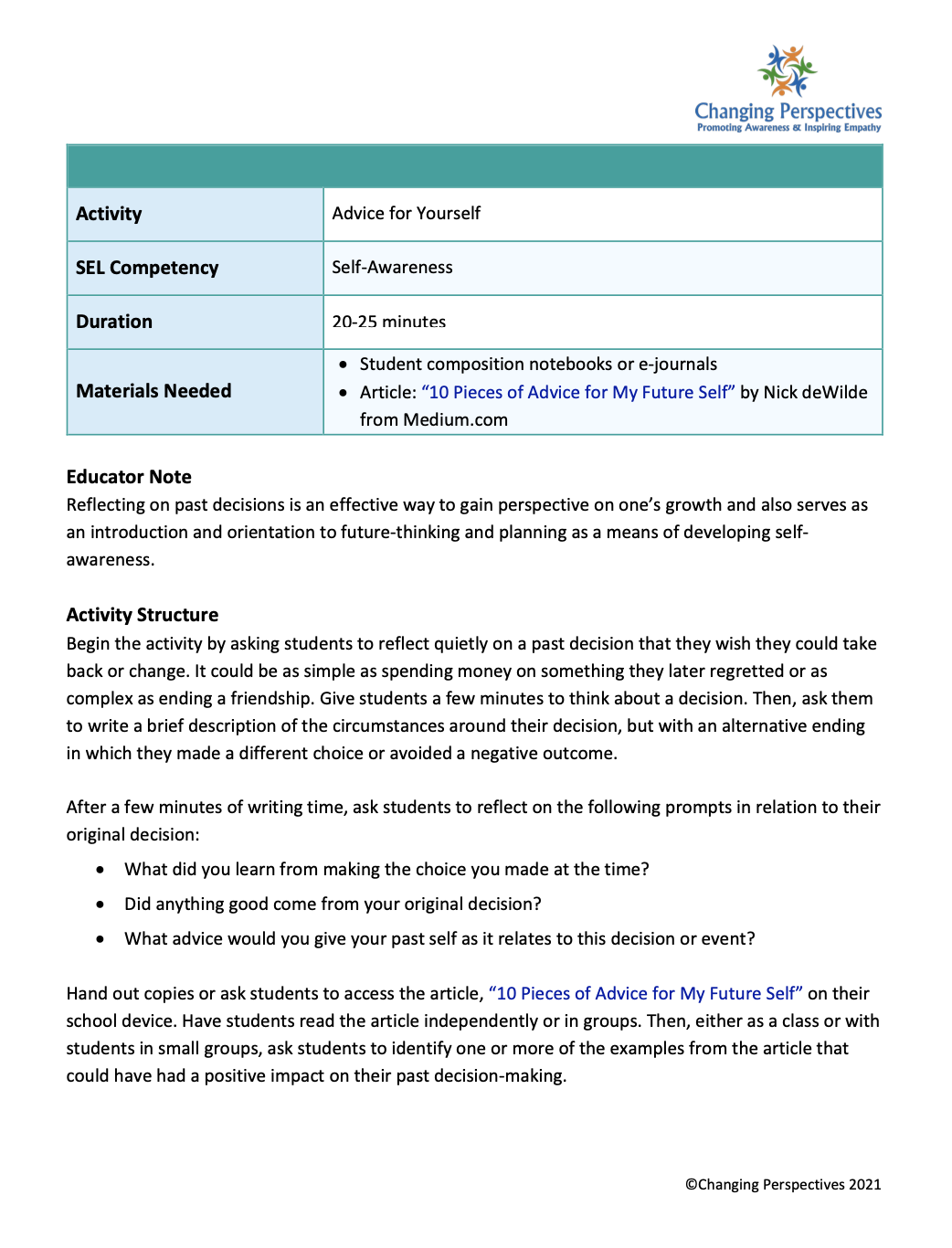 High School SEL Curriculum | Changing Perspectives